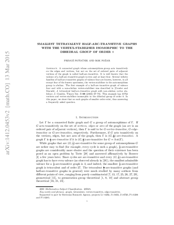 (PDF) Smallest tetravalent half-arc-transitive graphs with the vertex-stabiliser isomorphic to ...