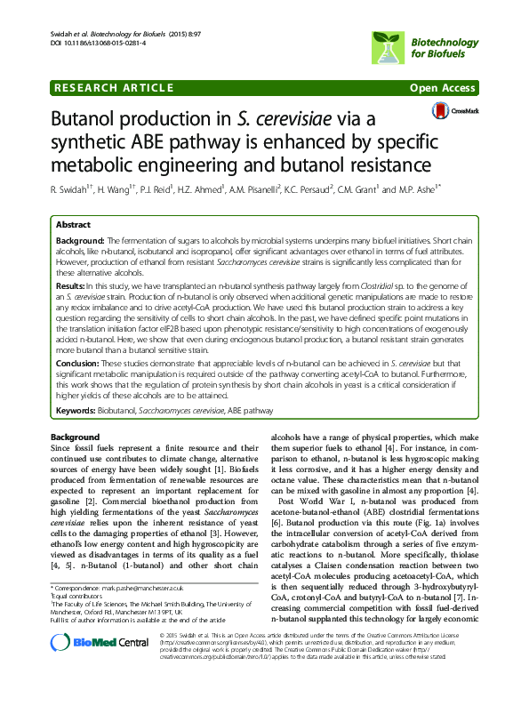 (PDF) Butanol production in S. cerevisiae via a synthetic ABE pathway ...