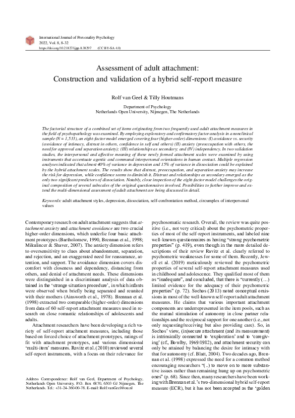(PDF) Assessment of adult attachment: Construction and validation of a ...