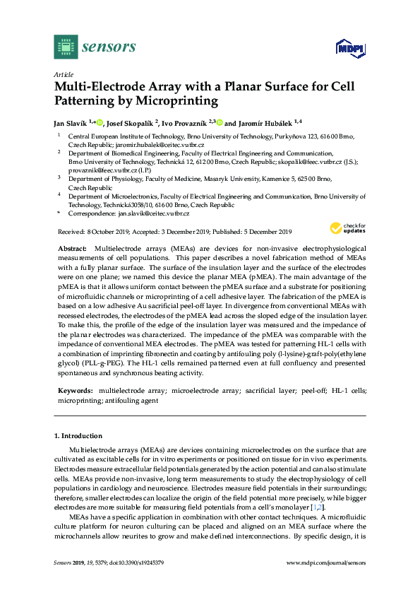(PDF) Multi-Electrode Array with a Planar Surface for Cell Patterning by Microprinting | Jaromír ...