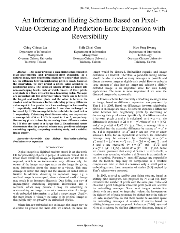 (PDF) An Information Hiding Scheme Based on Pixel-Value-Ordering and Prediction-Error Expansion ...