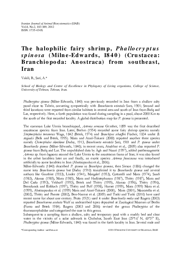(PDF) The halophilic fairy shrimp, Phallocryptus spinosa (Milne-Edwards ...