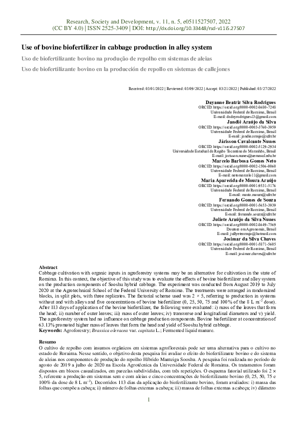 (PDF) Use of bovine biofertilizer in cabbage production in alley system