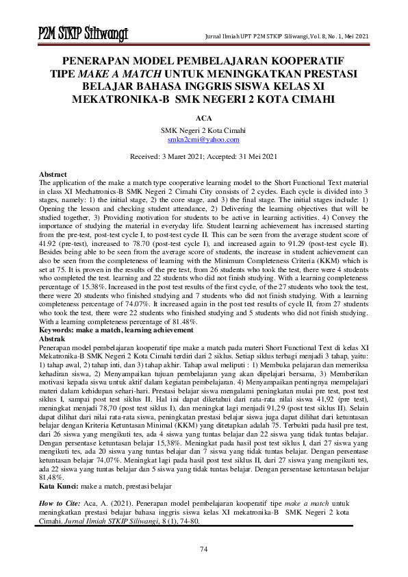 (PDF) Penerapan Model Pembelajaran Kooperatif Tipe Make a Match Untuk Meningkatkan Prestasi ...