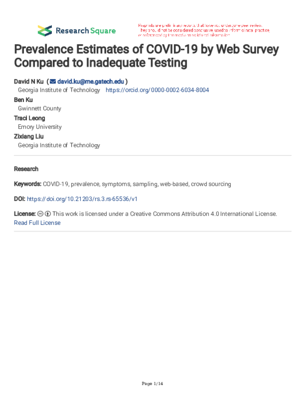 (PDF) Prevalence Estimates of COVID-19 by Web Survey Compared to ...
