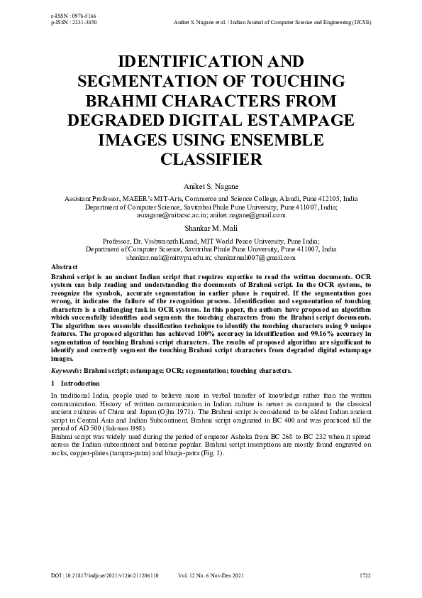 (PDF) Identification and Segmentation of Touching Brahmi Characters from Degraded Digital ...