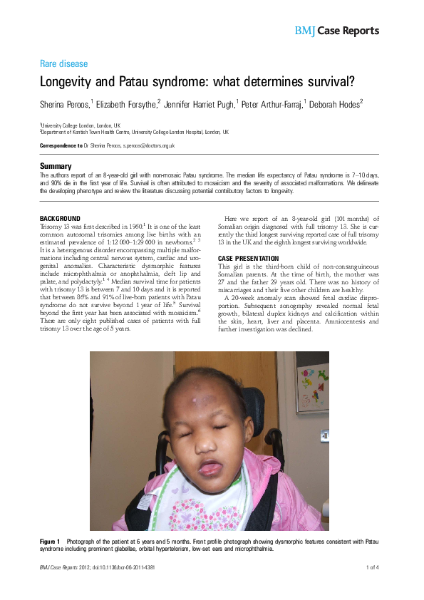 (PDF) Longevity and Patau syndrome: what determines survival?