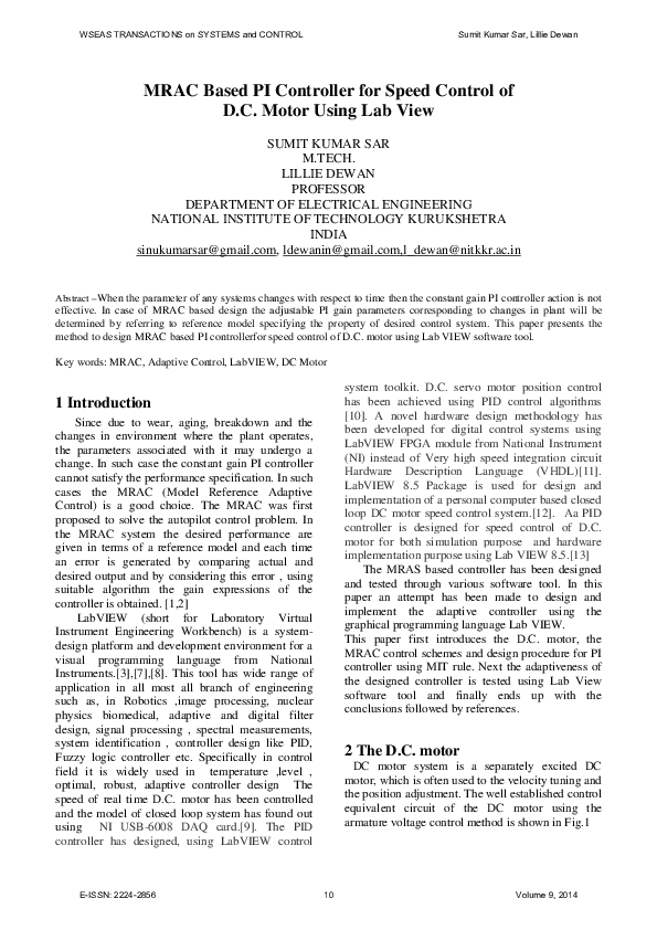 (PDF) MRAC Based PI Controller for Speed Control of D . C . Motor Using Lab View