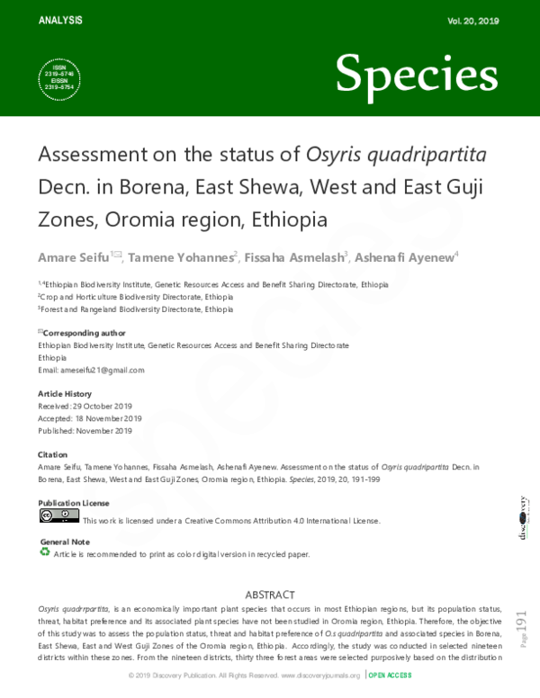 (PDF) Assessment on the status of Osyris quadripartita Decn. in Borena ...