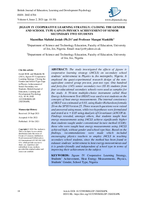 (PDF) JIGSAW IV COOPERATIVE LEARNING STRATEGY: CLOSING THE GENDER AND ...