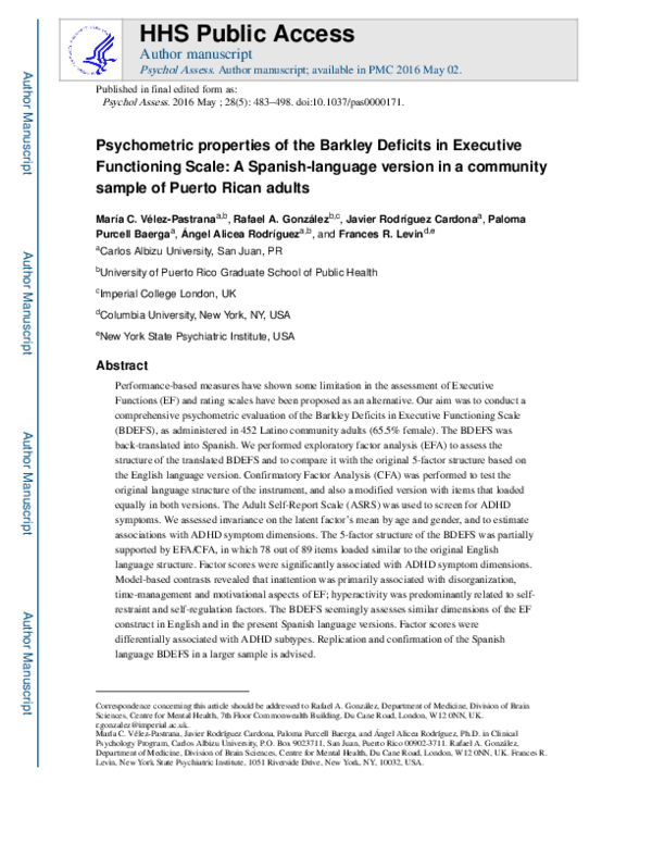 (PDF) Psychometric Properties of the Barkley Deficits in Executive ...