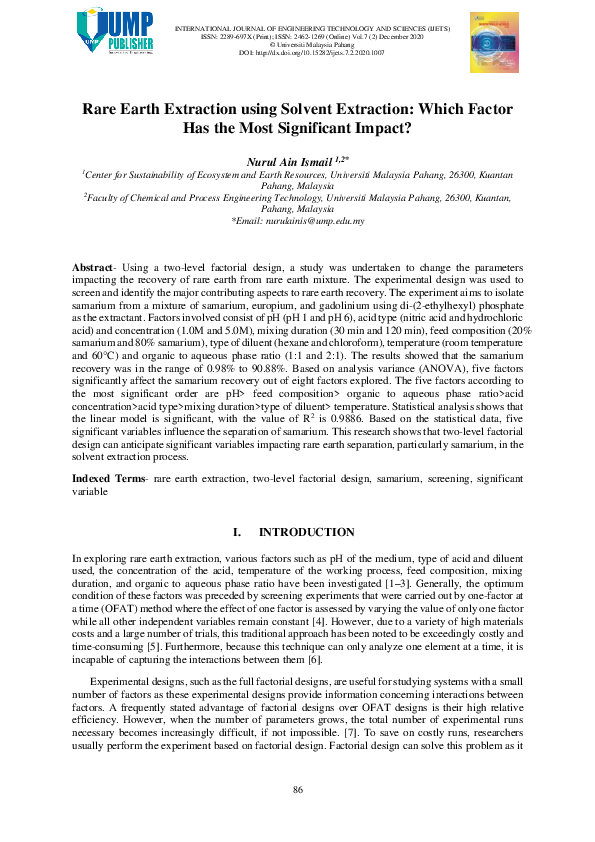 (PDF) Rare Earth Extraction using Solvent Extraction: Which Factor Has ...
