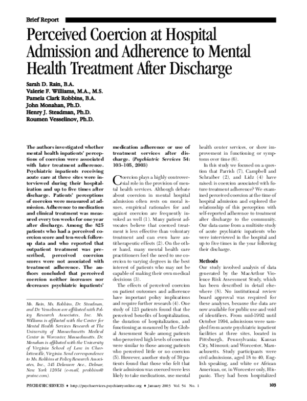 (PDF) Perceived Coercion at Hospital Admission and Adherence to Mental Health Treatment After ...