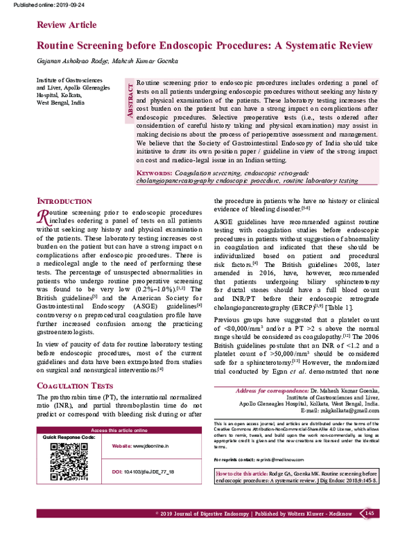 (PDF) Routine screening before endoscopic procedures: A systematic review