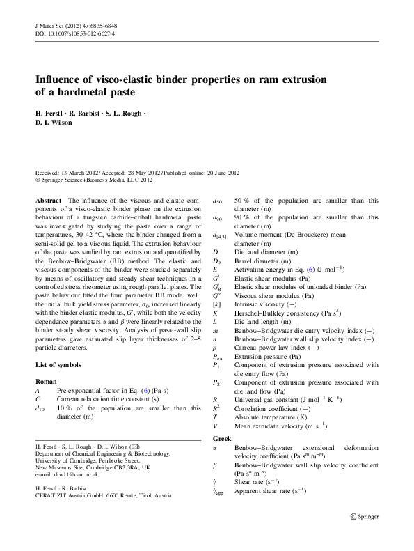 (PDF) Influence of visco-elastic binder properties on ram extrusion of ...