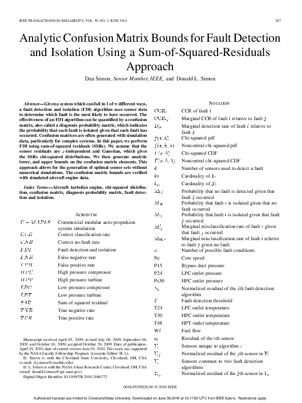 (PDF) Analytic Confusion Matrix Bounds for Fault Detection and Isolation Using a Sum-of-Squared ...