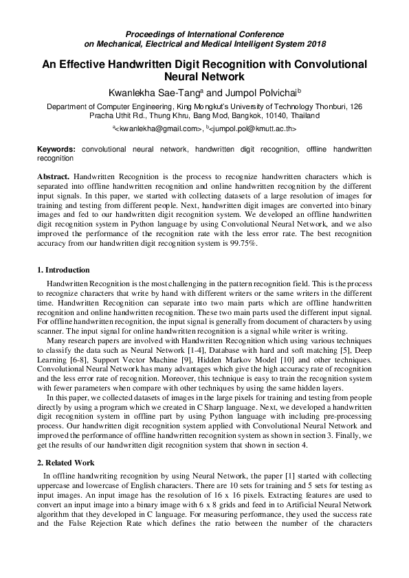 Pdf An Effective Handwritten Digit Recognition With Convolutional