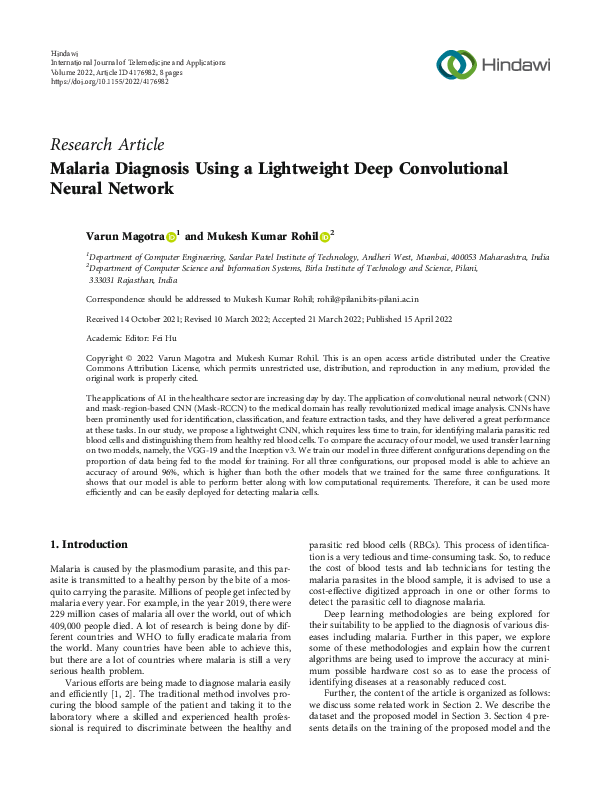 (PDF) Malaria Diagnosis Using a Lightweight Deep Convolutional Neural Network