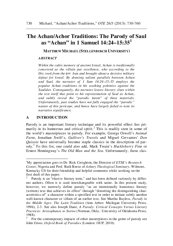 (PDF) The Achan/Achor traditions: The parody of Saul as "Achan" in 1 ...
