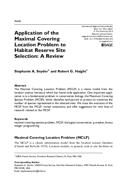 Pdf Article Application Of The Maximal Covering Location Problem To Habitat Reserve Site