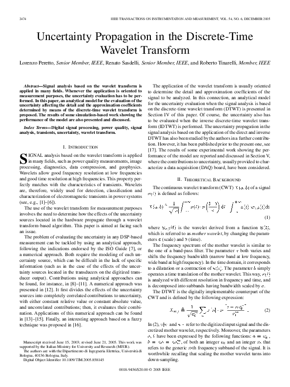 (PDF) Uncertainty Propagation in the Discrete-Time Wavelet Transform | Roberto Tinarelli ...