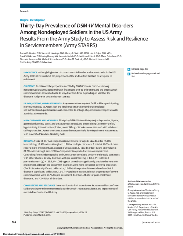 (PDF) Thirty-Day Prevalence of DSM-IV Mental Disorders Among ...