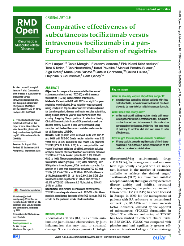 (PDF) Comparative effectiveness of subcutaneous tocilizumab versus intravenous tocilizumab in a ...