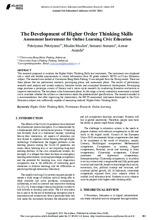 (PDF) The Development of Higher Order Thinking Skills