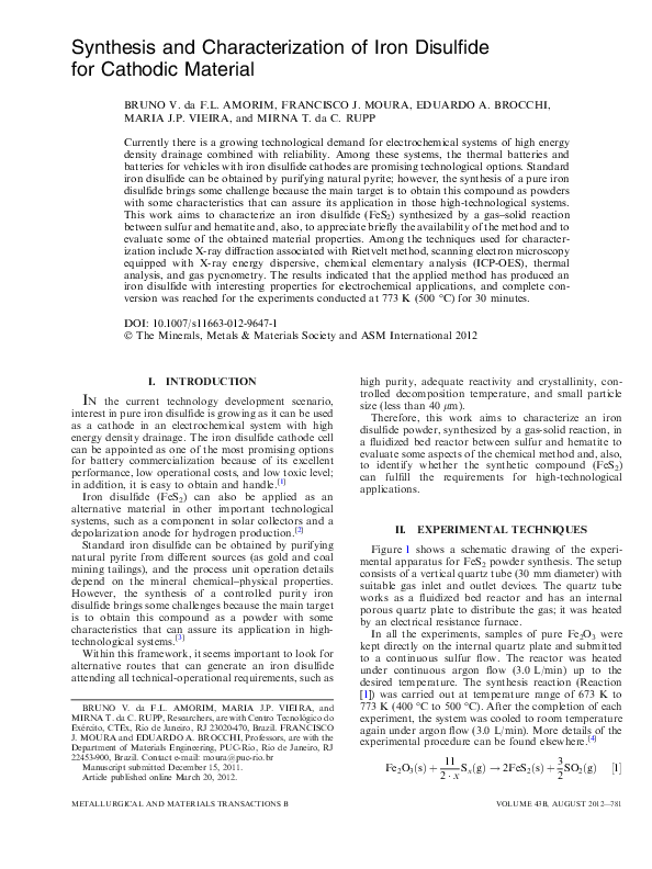 (PDF) Synthesis and Characterization of Iron Disulfide for Cathodic ...