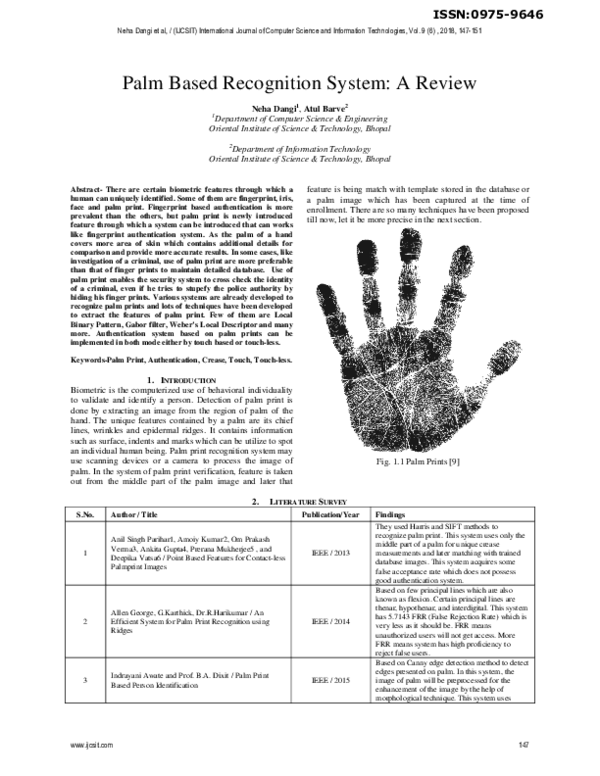 (PDF) Palm Based Recognition System: A Review