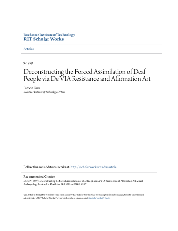 Deconstructing the Forced Assimilation of Deaf People via De'VIA ...