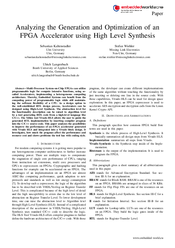 (PDF) Analyzing the Generation and Optimization of an FPGA Accelerator using High Level Synthesis