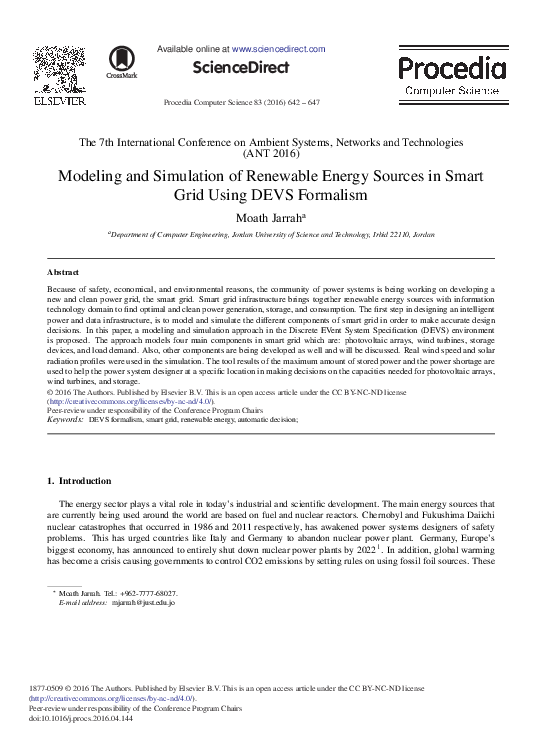 Pdf Modeling And Simulation Of Renewable Energy Sources In Smart Grid Using Devs Formalism
