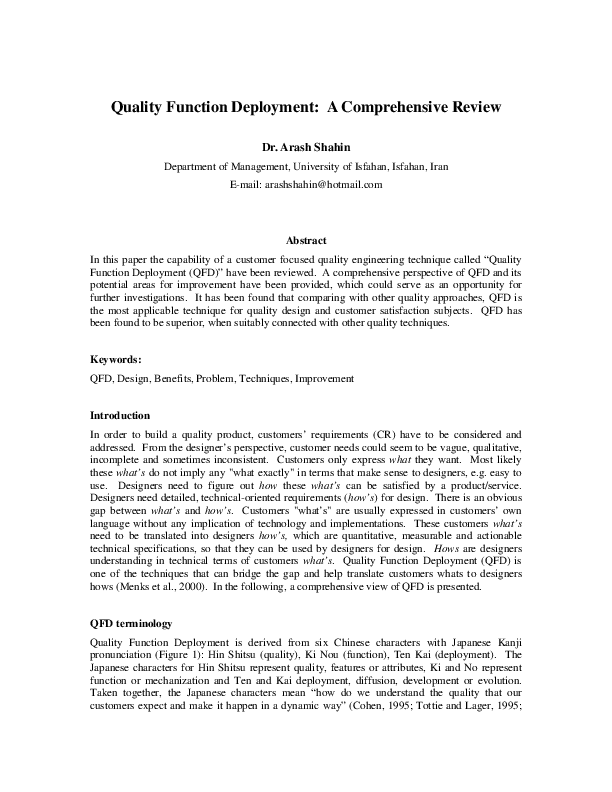 (PDF) Quality Function Deployment: A Comprehensive Review