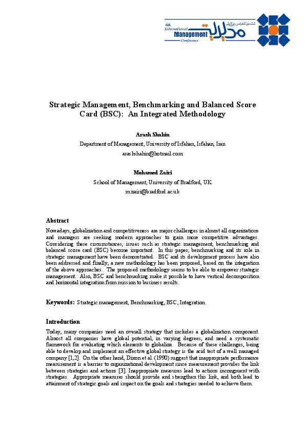 (PDF) Strategic Management, Benchmarking and Balanced Score Card (BSC ...