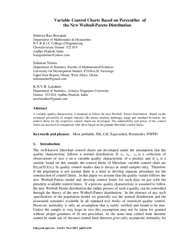 (PDF) Variable Control Charts Based on Percentiles of the New Weibull-Pareto Distribution
