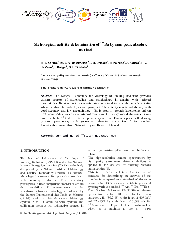 (PDF) Metrological activity determination of133Ba by sum-peak absolute ...