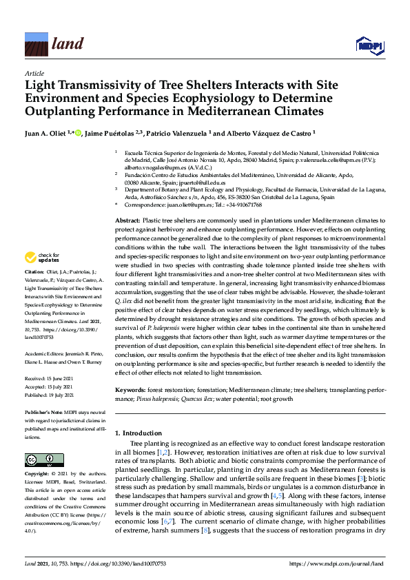 (PDF) Light Transmissivity of Tree Shelters Interacts with Site ...