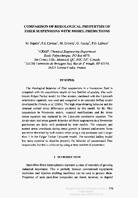 (PDF) Comparison of Rheological Properties of Fiber Suspensions with Model Predictions