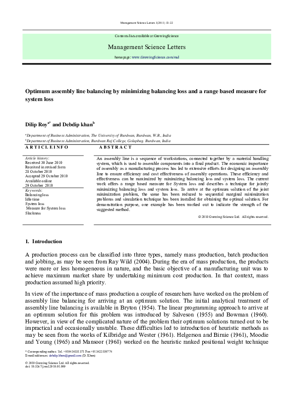(PDF) Optimum assembly line balancing by minimizing balancing loss and ...