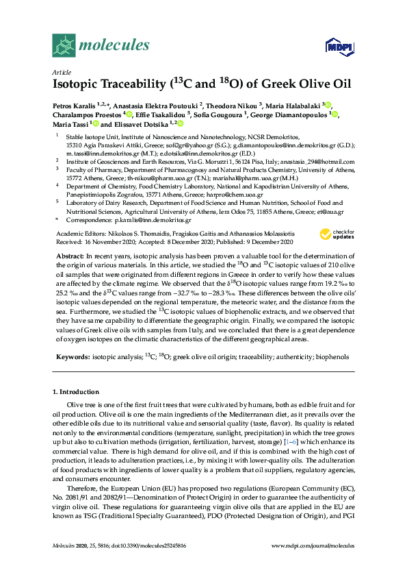 (PDF) Isotopic Traceability (13C and 18O) of Greek Olive Oil
