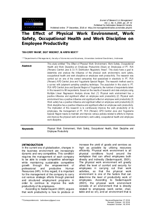 Pdf The Effect Of Physical Work Environment Work Safety