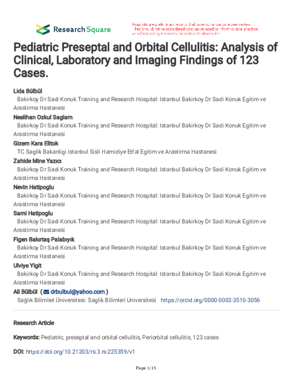 (PDF) Pediatric Preseptal and Orbital Cellulitis: Analysis of Clinical ...