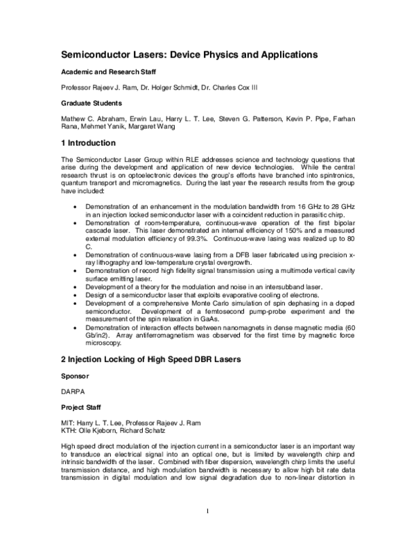 (PDF) Semiconductor Lasers: Device Physics and Applications