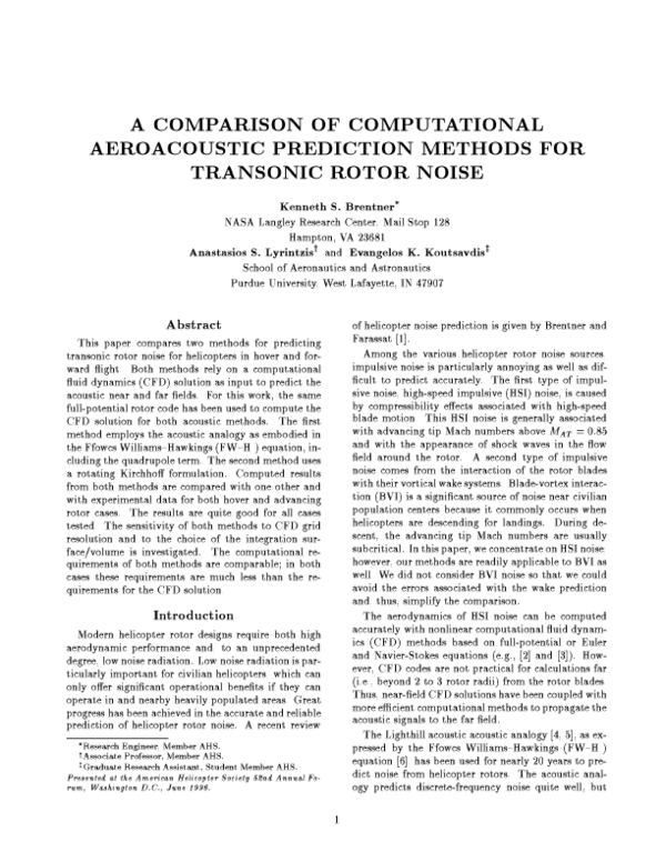 (PDF) Comparison of Computational Aeroacoustic Prediction Methods for Transonic Rotor Noise ...