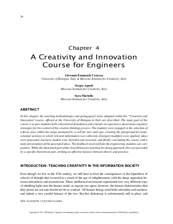 (PDF) A Creativity and Innovation Course for Engineers