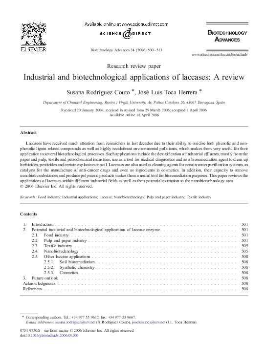 (PDF) Industrial and biotechnological applications of laccases: A review