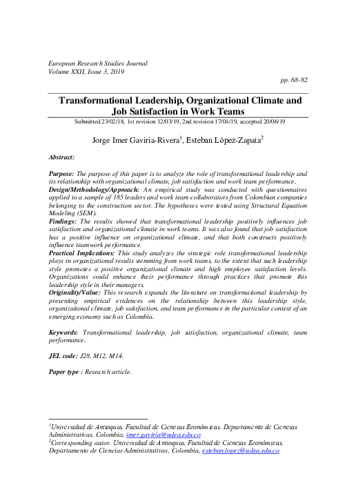 (PDF) Transformational Leadership, Organizational Climate and Job Satisfaction in Work Teams