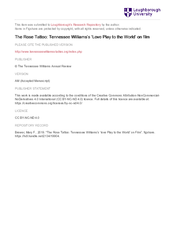 (PDF) 'The Rose Tatoo:' Tennessee Williams's Love Play to the World
