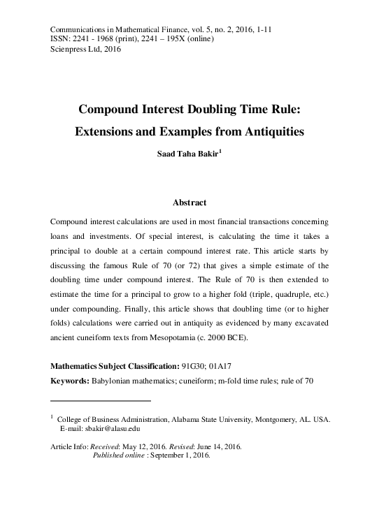 (PDF) Compound Interest Doubling Time Rule: Extensions and Examples ...